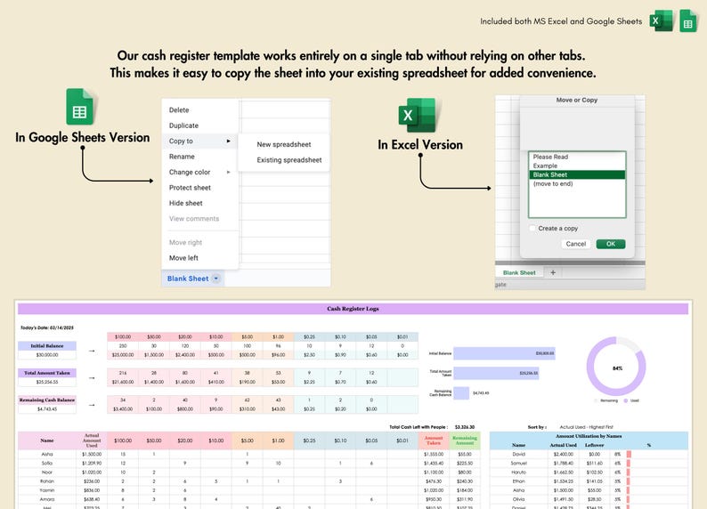 Cash Register Template, Excel, Google Sheets, Daily Cash Log, Cash ...
