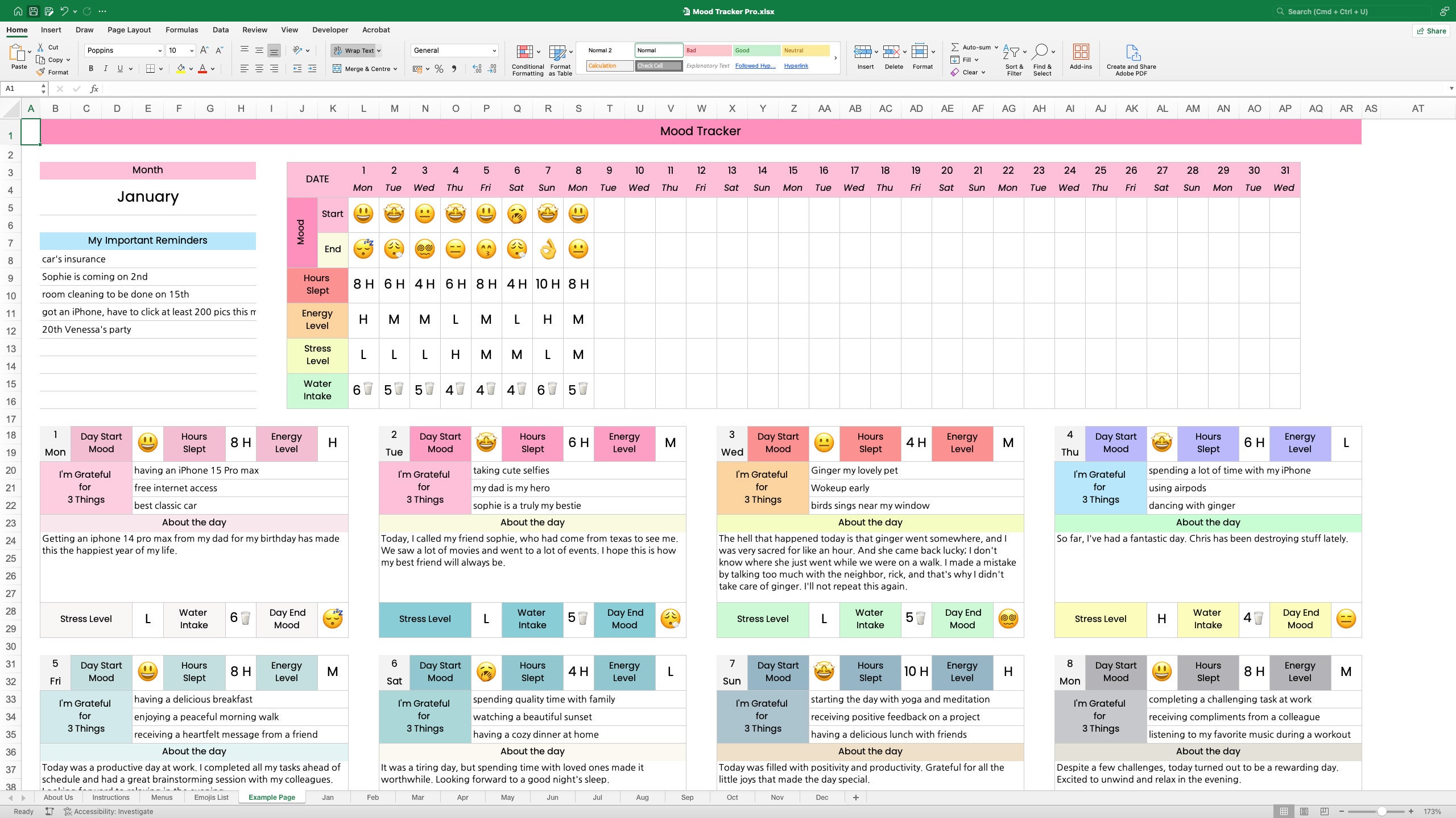 Mood Tracker Spreadsheet for Excel and Google Sheets | Track Sleep ...