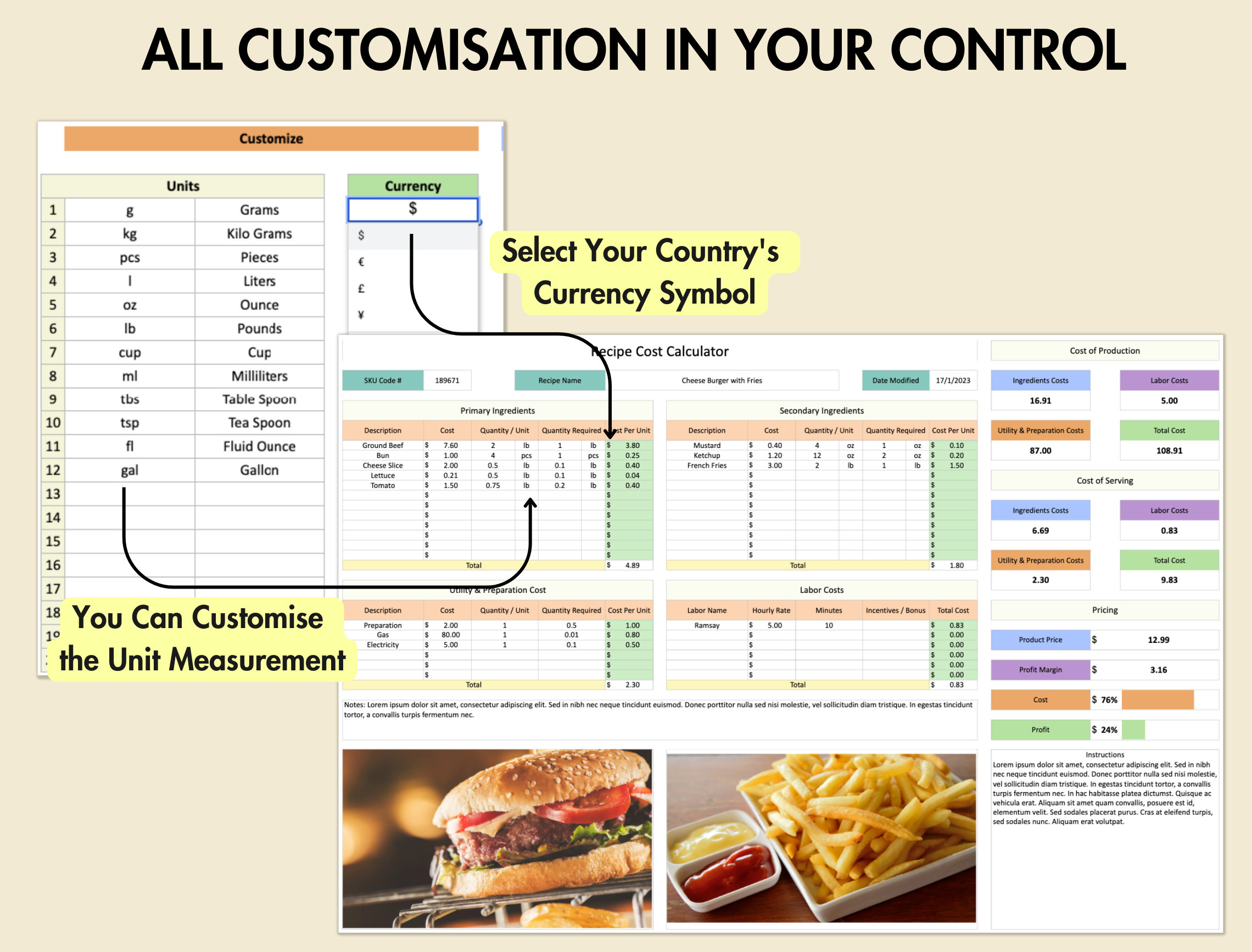 Recipe Cost Calculator for Excel and Google Sheets | Baking Menu ...