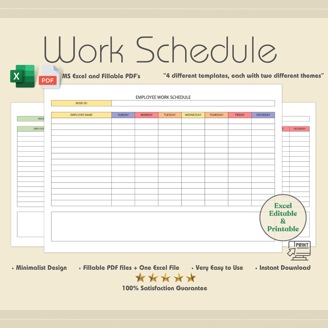 Employee Work Schedule: Fillable Pdf's and Excel Spreadsheet Template ...
