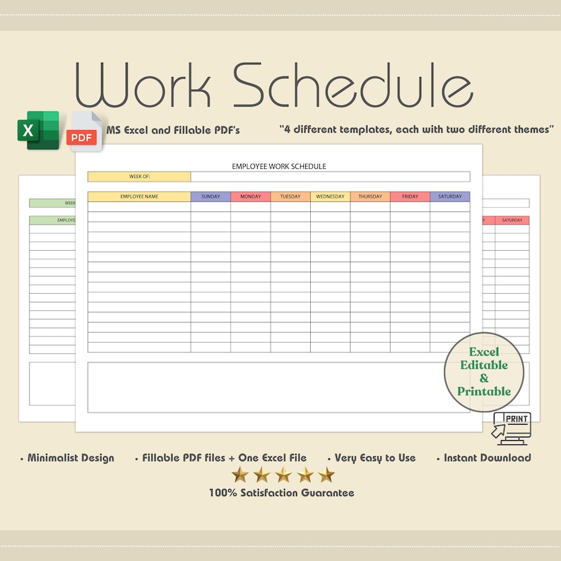 Employee Work Schedule: Fillable Pdf's and Excel Spreadsheet Template ...