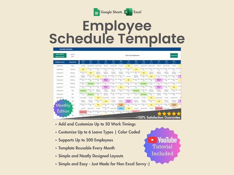 2026 Employee Monthly Schedule Template Excel, Google Sheets, Staff ...