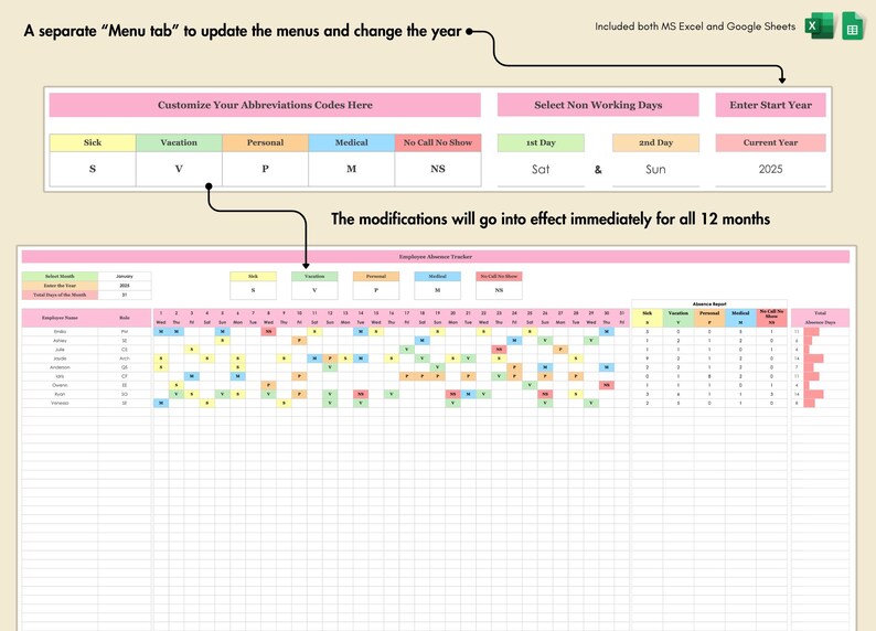 2024/2025 Employee Absence Tracker, MS Excel, Leave Tracker, Vacation ... 2024/2025 Employee Absence Tracker, MS Excel, Leave Tracker, Vacation ...