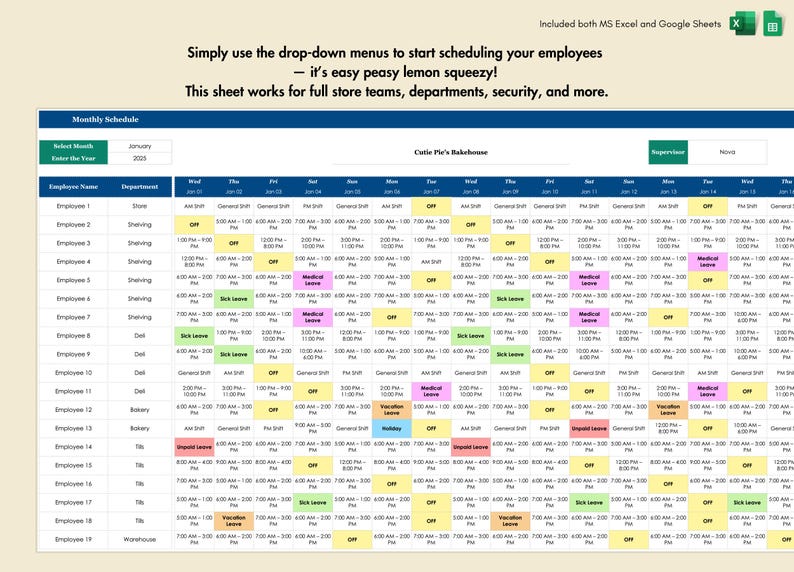 2026 Employee Monthly Schedule Template Excel, Google Sheets, Staff ...