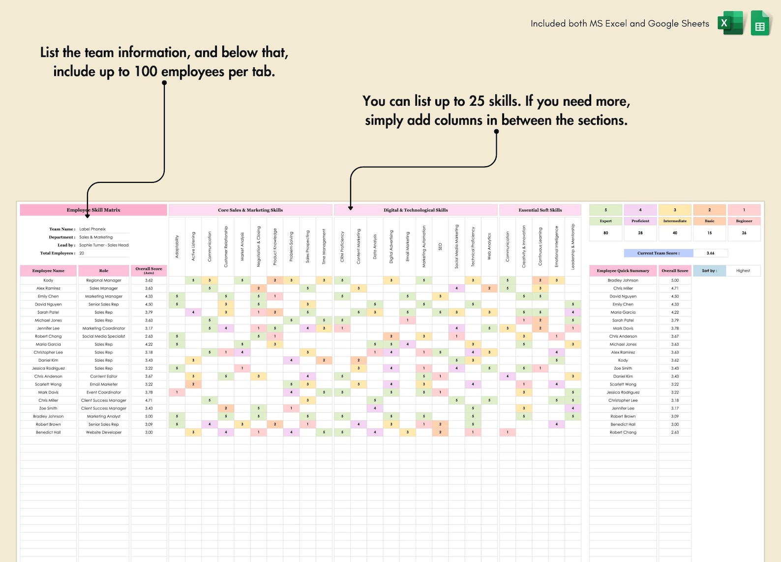 Employee Skills Matrix Template: Excel & Google Sheets (digital ...