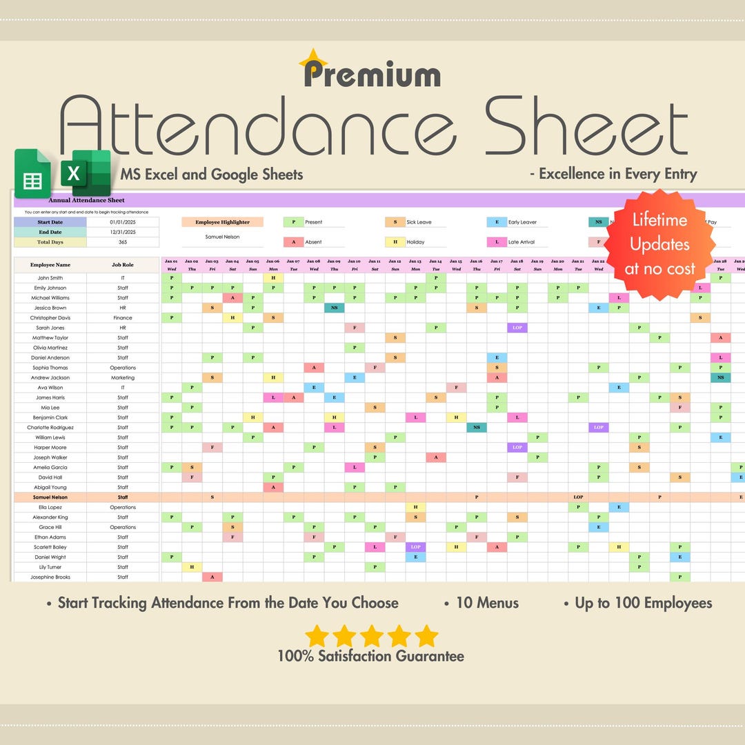 Buy 2025 Premium Attendance Sheet Excel, Google Sheets, Attendance ...