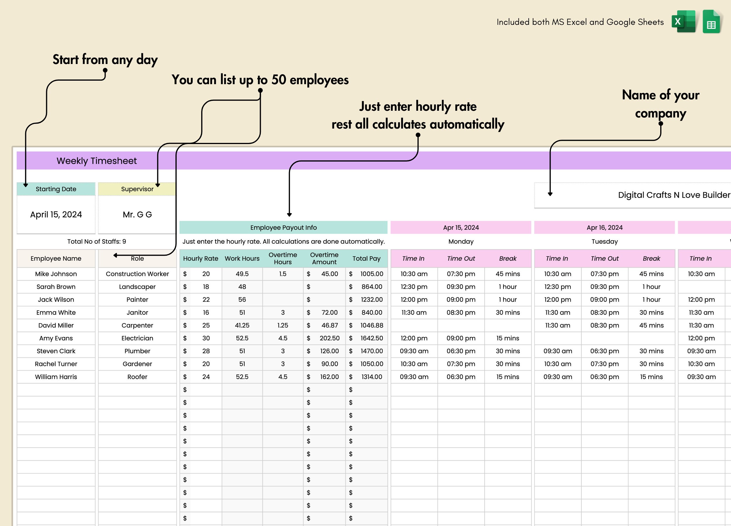 2024 Weekly Timesheet Excel, Google Sheets, Break Hours, Overtime Hours ...