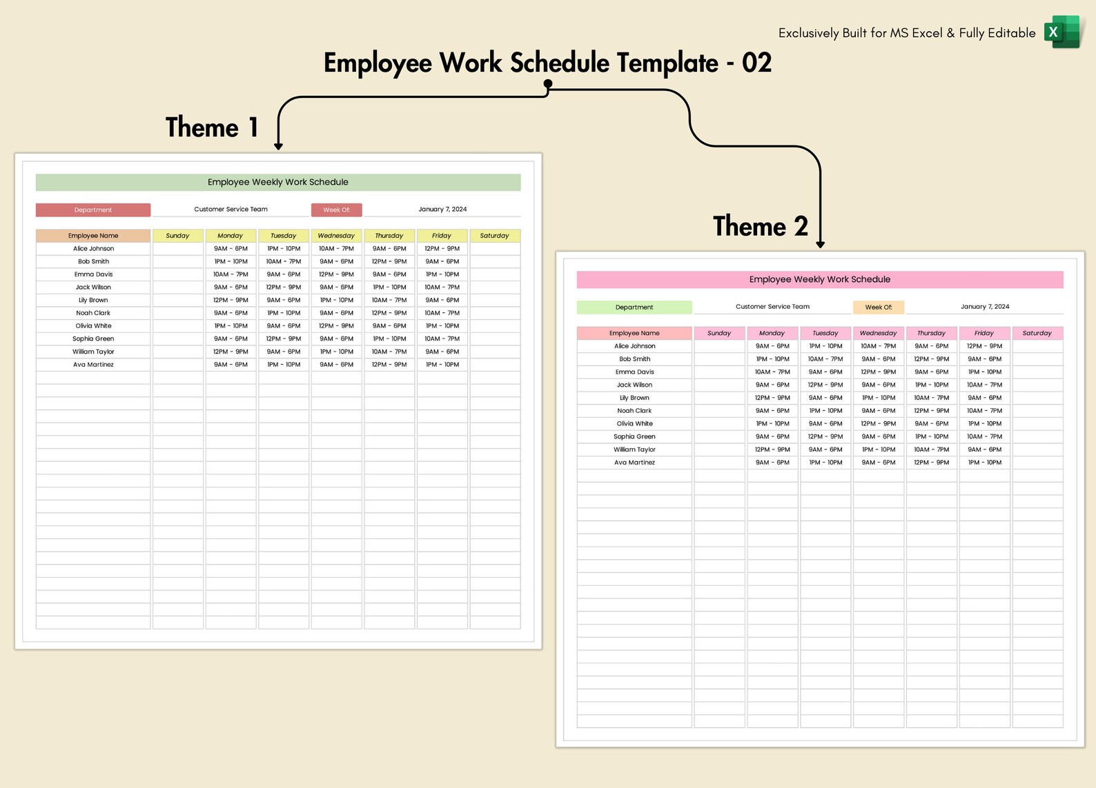 Employee Work Schedule for Excel | 4 Different Designs Spreadsheet ...