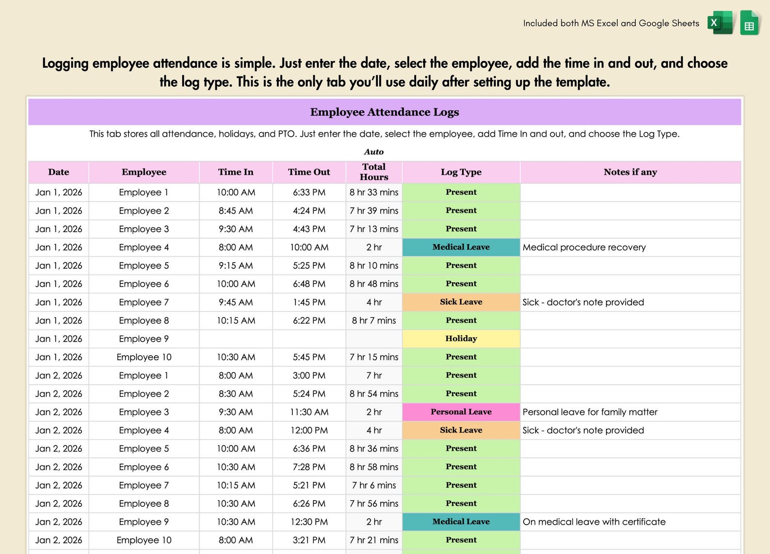 2026 Employee Attendance Tracker, Excel, Google Sheets, PTO, Sick Leave ...