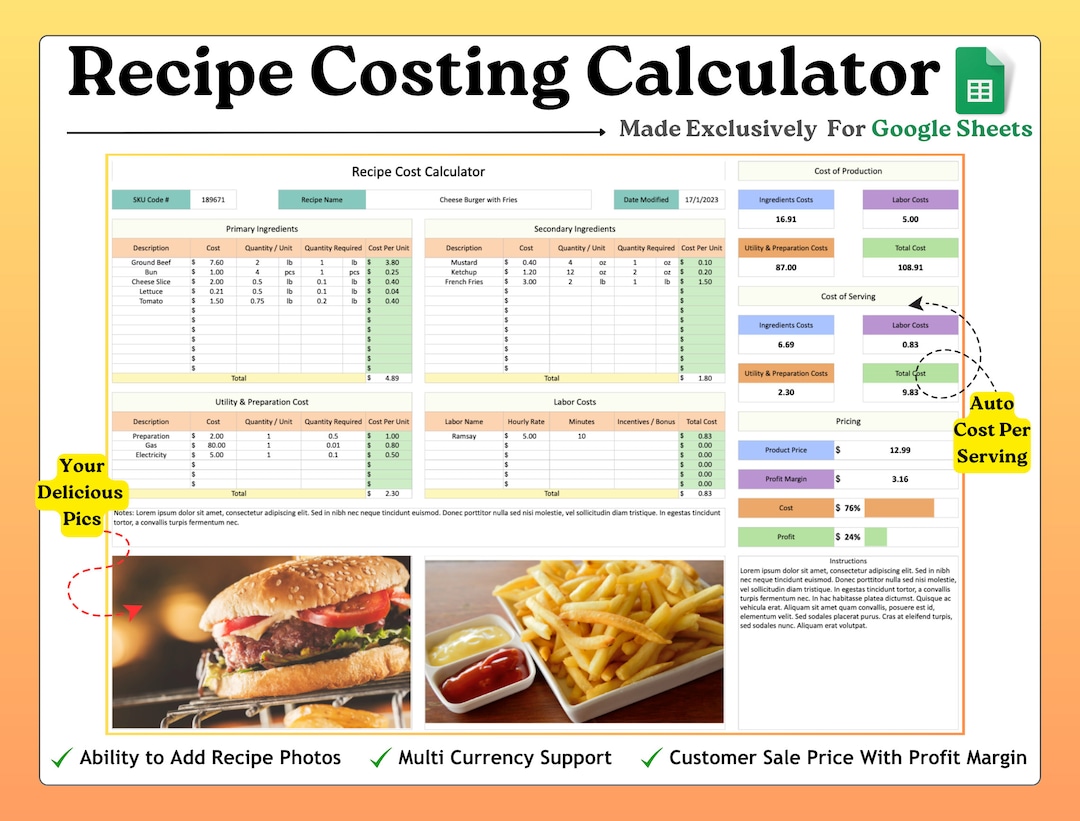 Recipe Cost Calculator for Cooking & Baking Google Sheets - Etsy