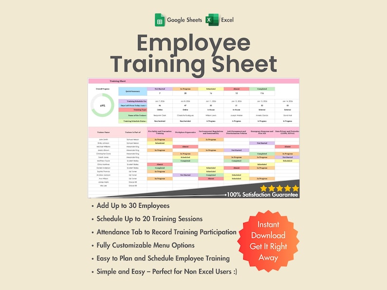 Employee Training Sheet, Excel, Google Sheets, Staff Training Log ...