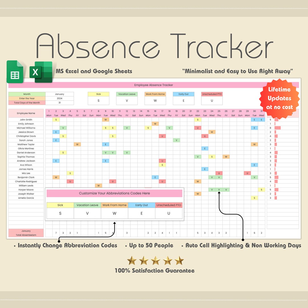 2024 Employee Absence Tracker, MS Excel, Leave Tracker, Vacation ...