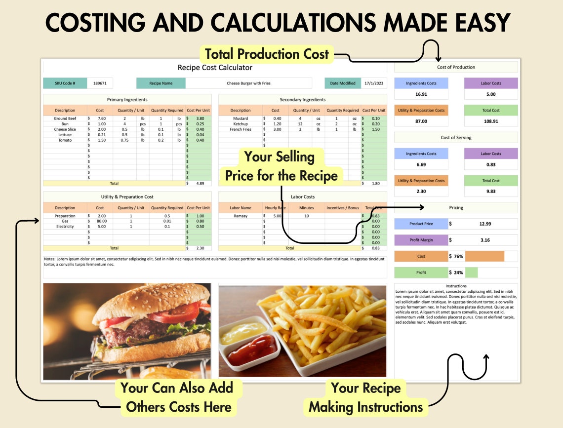 Recipe Cost Calculator for Excel and Google Sheets | Baking Menu ...