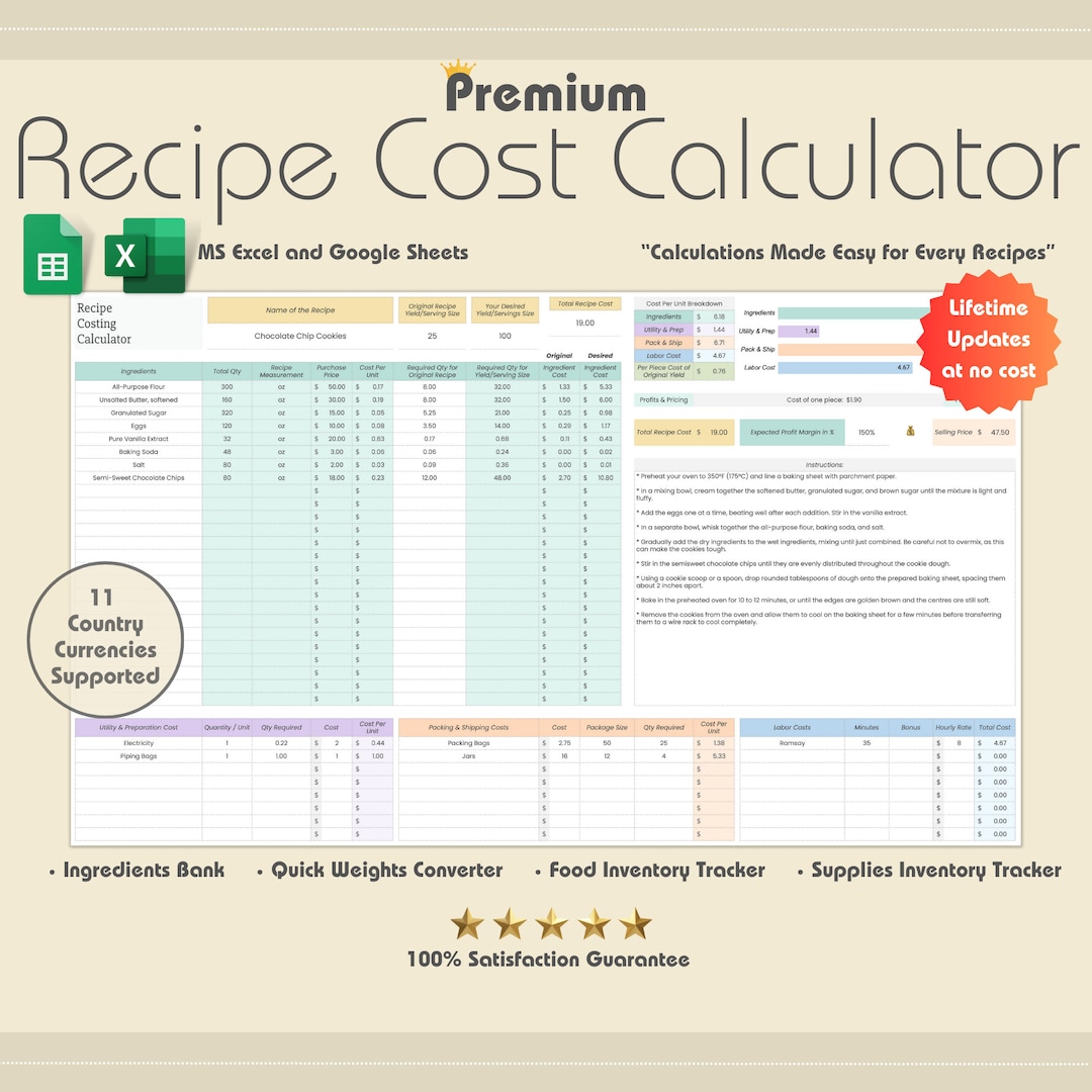 Premium Recipe Cost Calculator for Cooking & Baking, MS Excel, Recipe ...