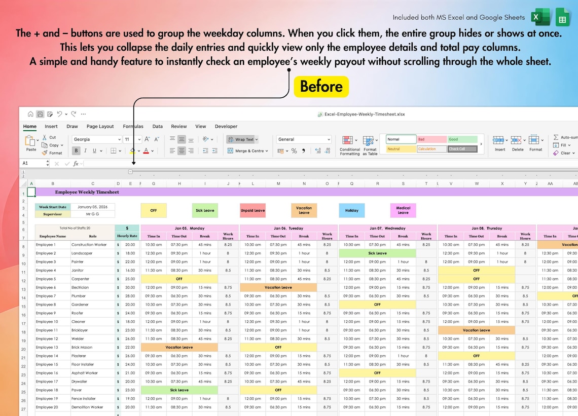 Employee Weekly Timesheet Excel, Google Sheets, Hourly Rate, Break ...