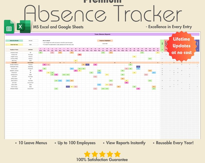 Excel Template Employee Leave of Absence holiday/sick/vacation/pto ...