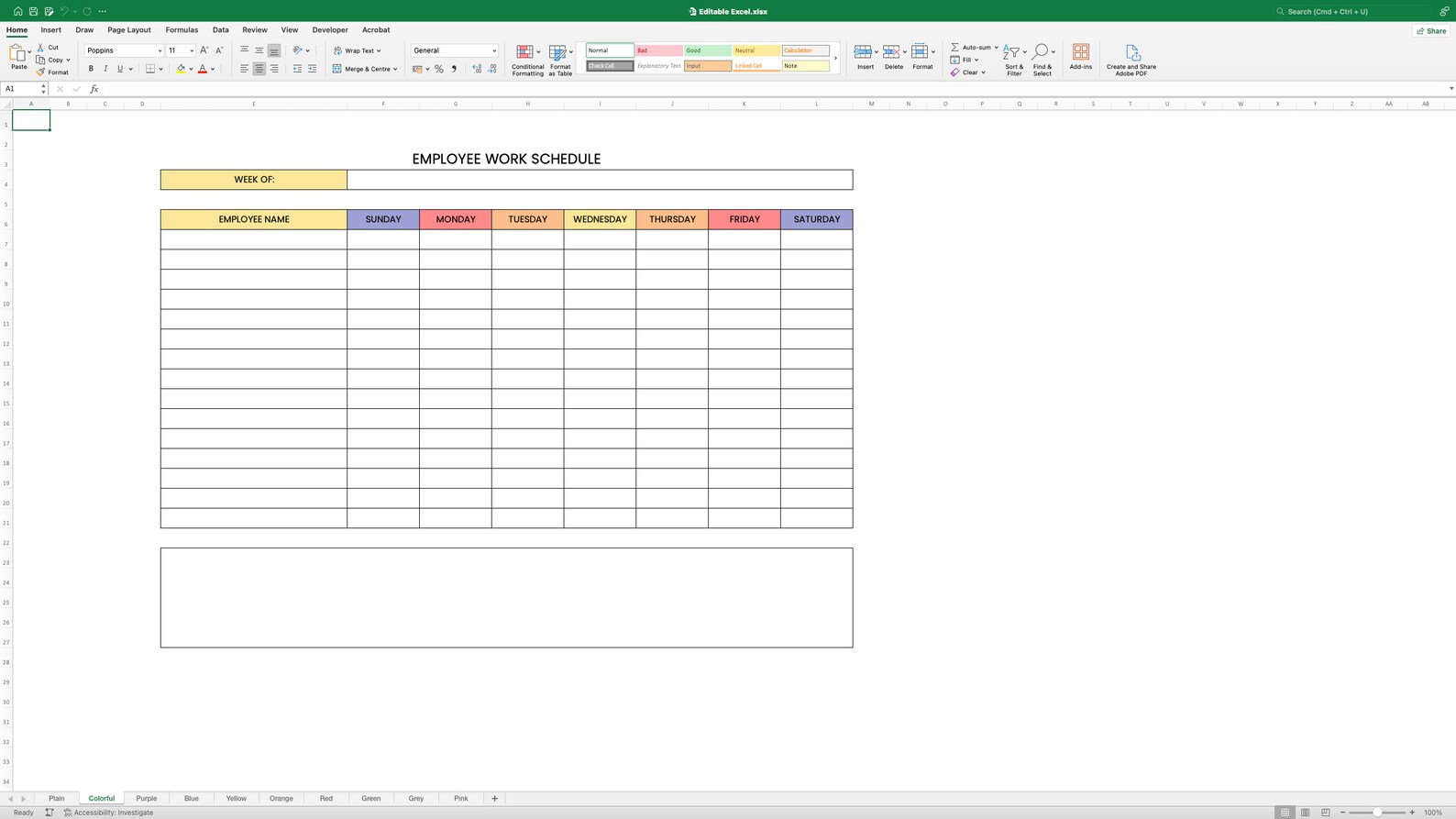 Employee Work Schedule: Fillable Pdf's and Excel Spreadsheet Template ...