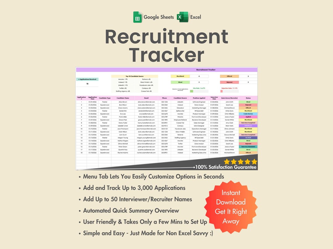 Recruitment Tracker, Excel, Google Sheets, Candidate, Job Applicant ...