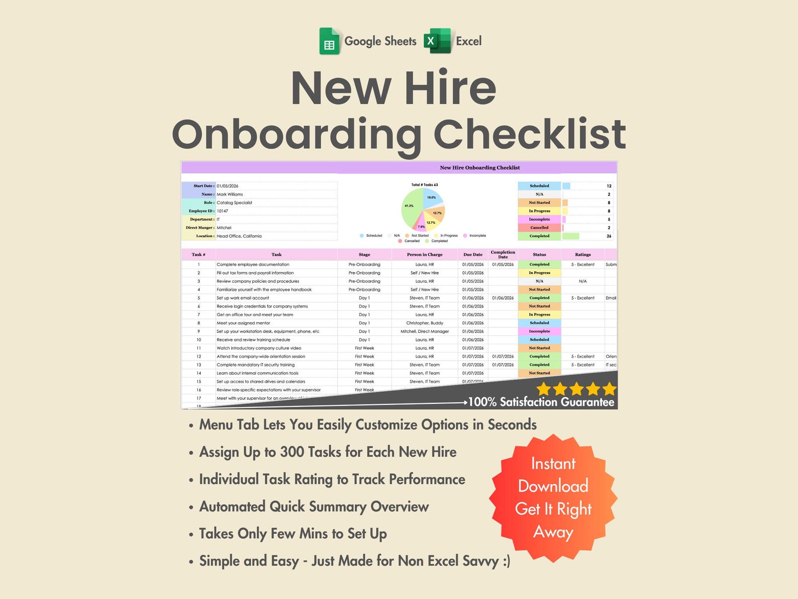 New Hire Onboarding Checklist, Excel, Google Sheets, Employee Process ...