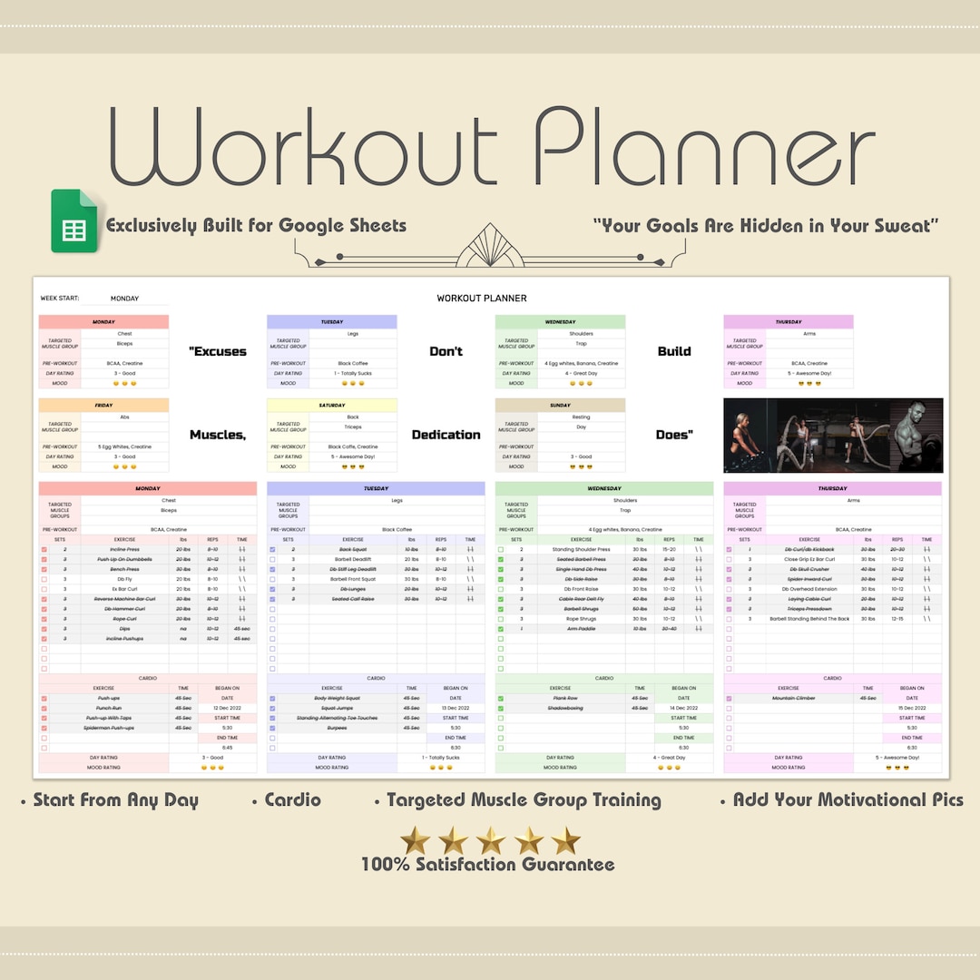 Weekly Workout Planner for Google Sheets: Gym Spreadsheet for Fitness ...