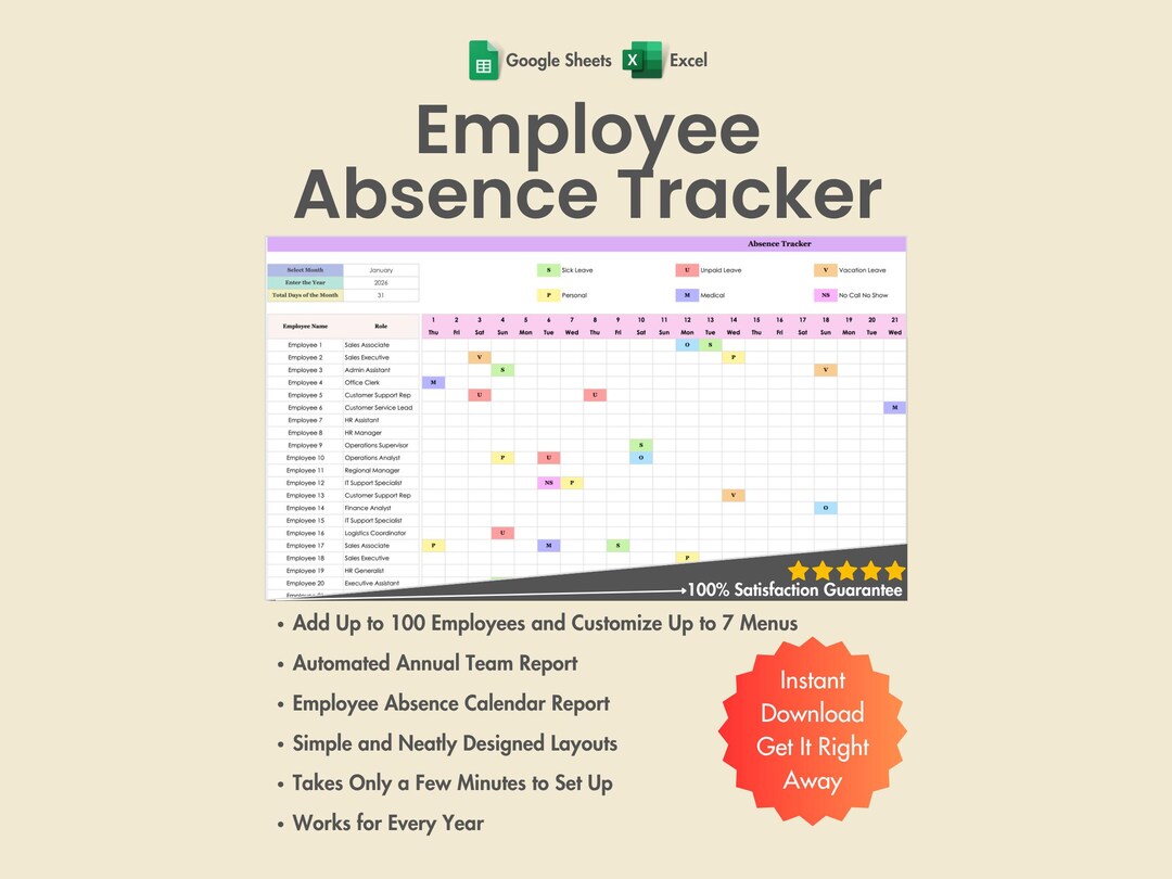 2026 Employee Absence Tracker, Excel, Google Sheets, PTO Planner, Sick ...