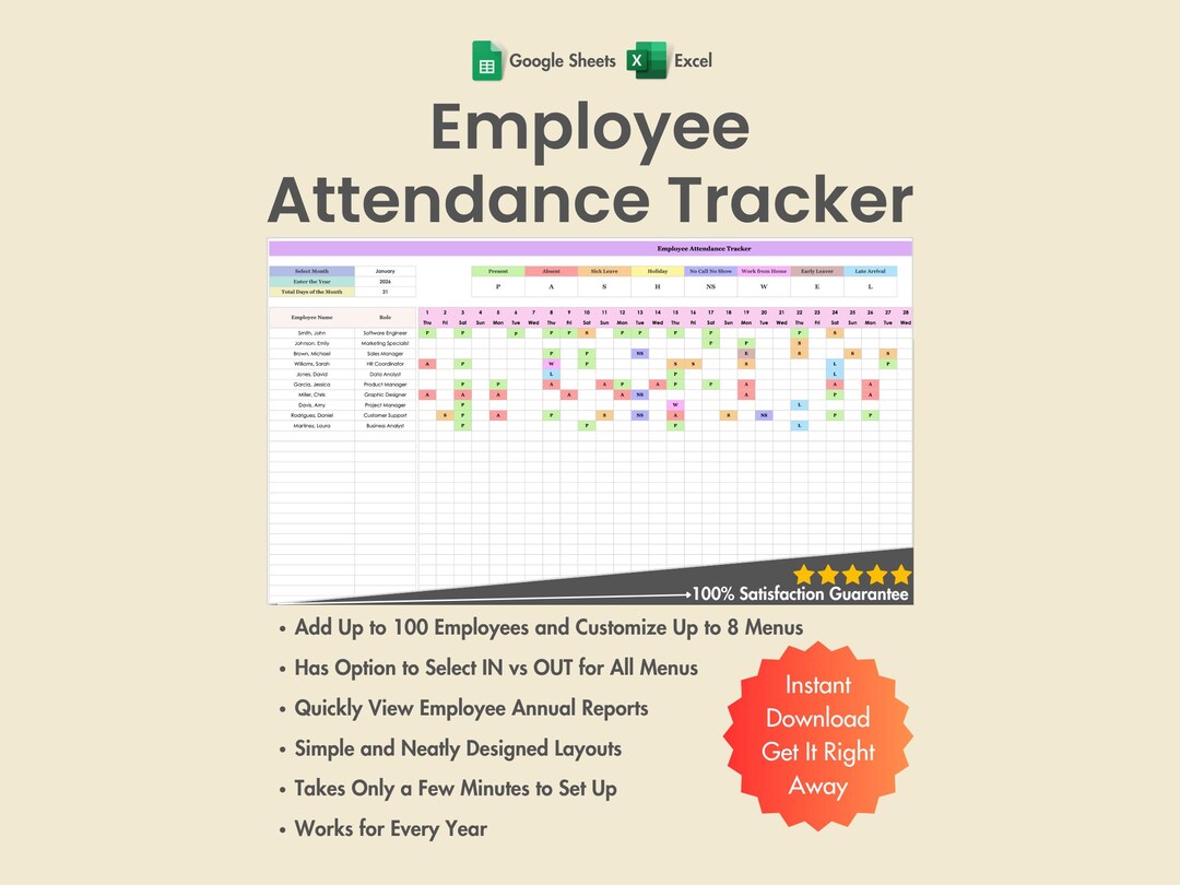 2026 Employee Attendance Tracker, Excel, Google Sheets, Absence, Sick ...