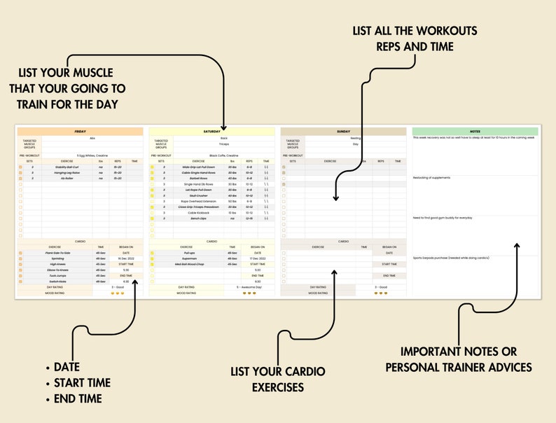 Weekly Workout Planner for Google Sheets: Gym Spreadsheet for Fitness ...