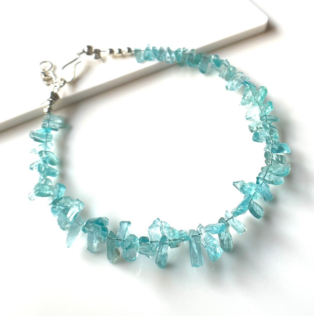 Natural Sky Blue Apatite Crystal Chip Beads Bracelet, 6-8MM 925 Silver ...