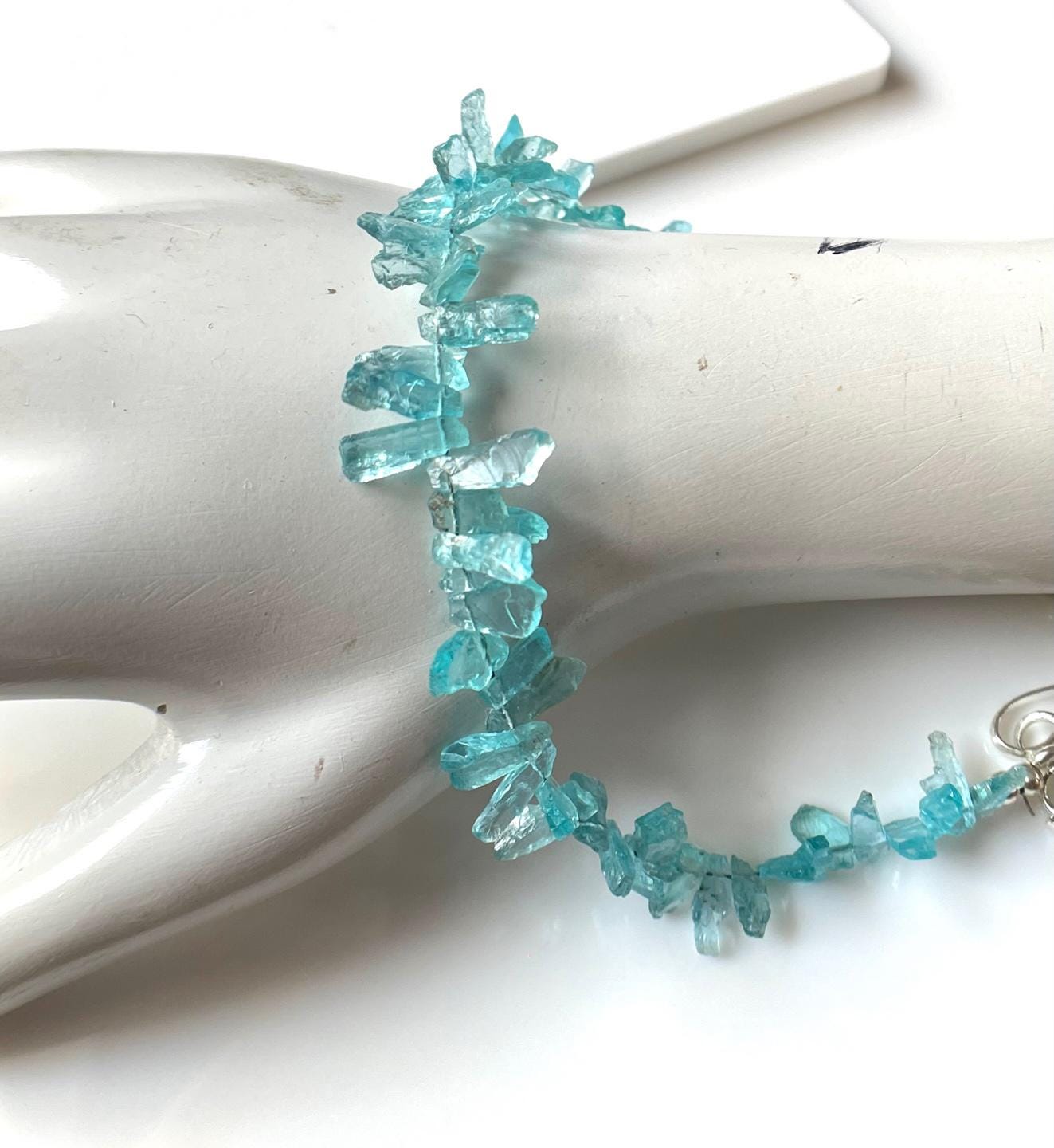 Natural Sky Blue Apatite Crystal Chip Beads Bracelet, 6-8MM 925 Silver ...
