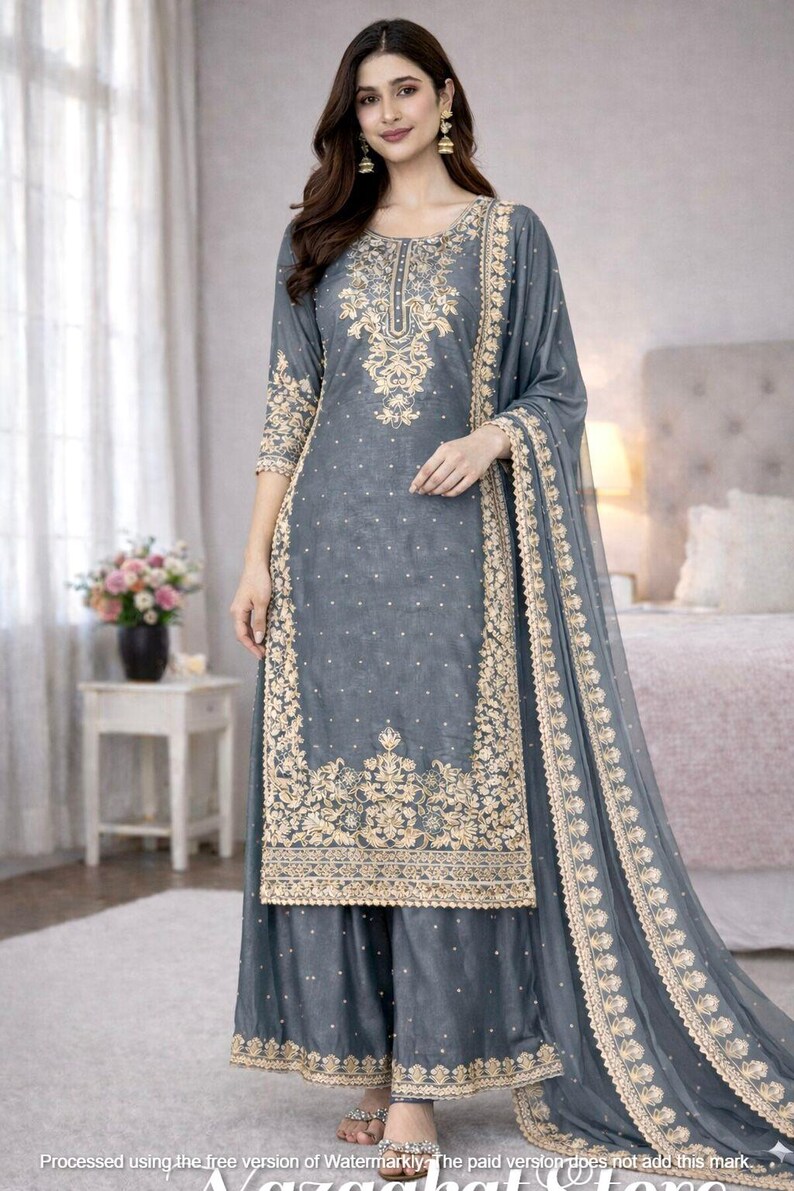 Embroidered Sequin Viscose Chanderi Salwar Kameez With Satin Dupatta - Etsy