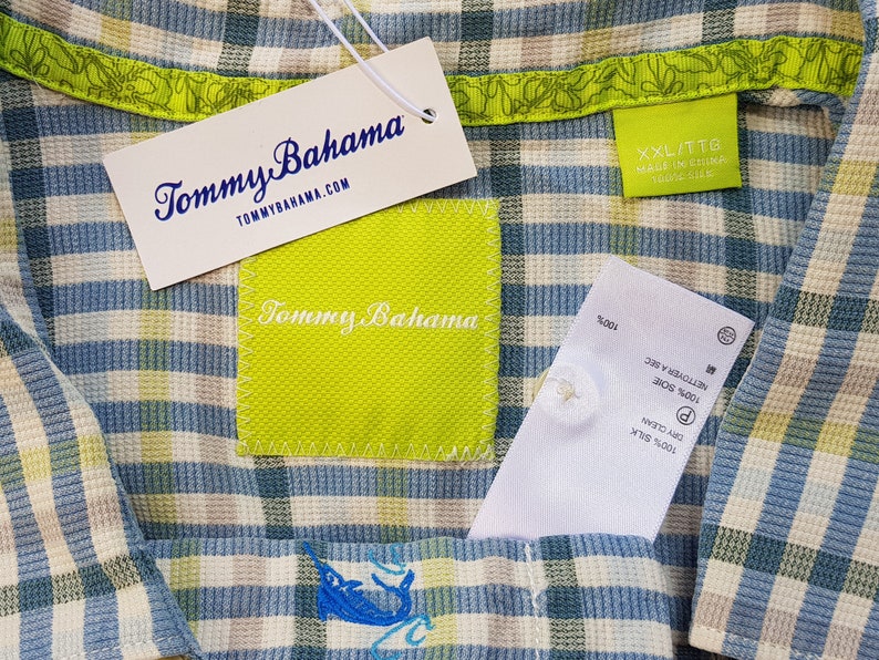 TOMMY BAHAMA Mens 100% Silk Blue Check S/S Evening Shirt Ultrasoft - XL ...