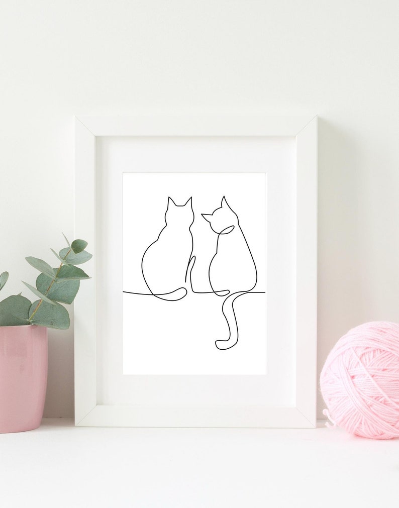 Cat Line Drawing | Cats Wall Art | Neutral Cats Silhouettes | Sitting ...