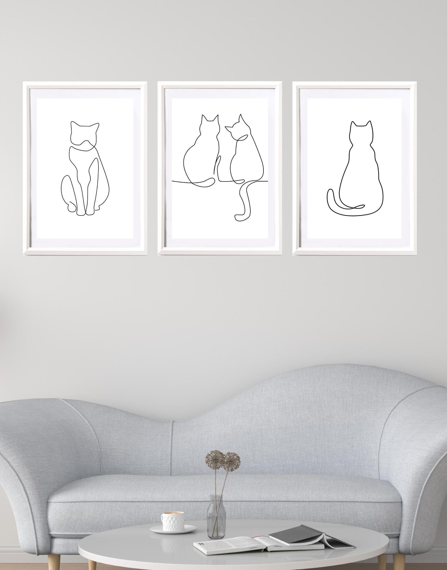Cat Line Drawing Cats Wall Art Neutral Cats Silhouettes Sitting Cats ...