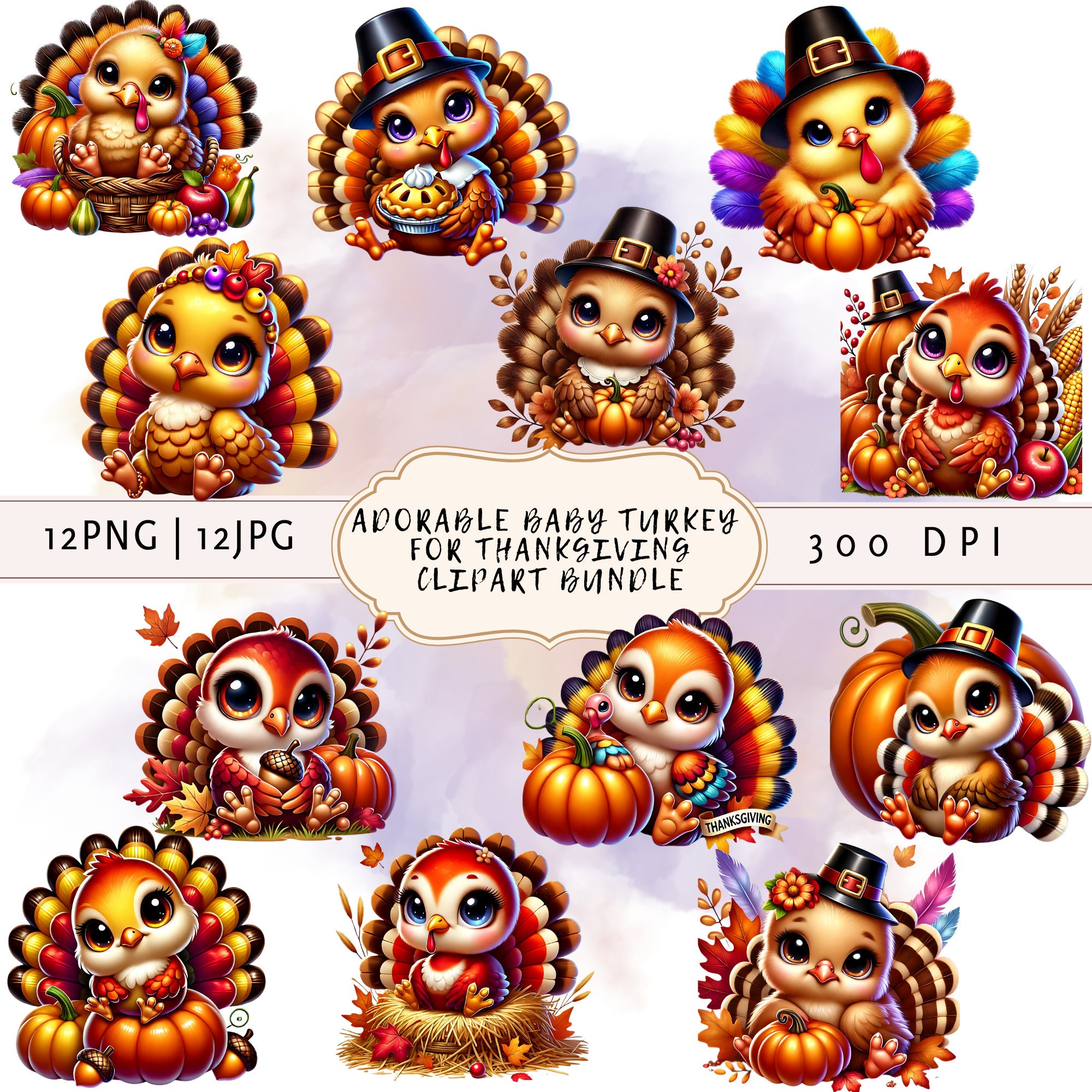 Adorable Baby Turkey Clipart Bundle for Thanksgiving | 12 PNG & JPG ...