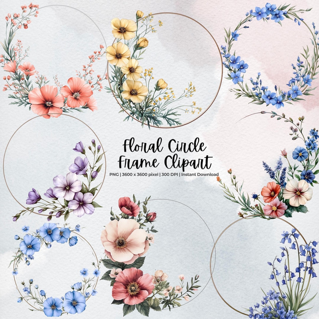 Wildflower Circle Frame Clipart | Watercolor Floral Wreath PNG | Round ...