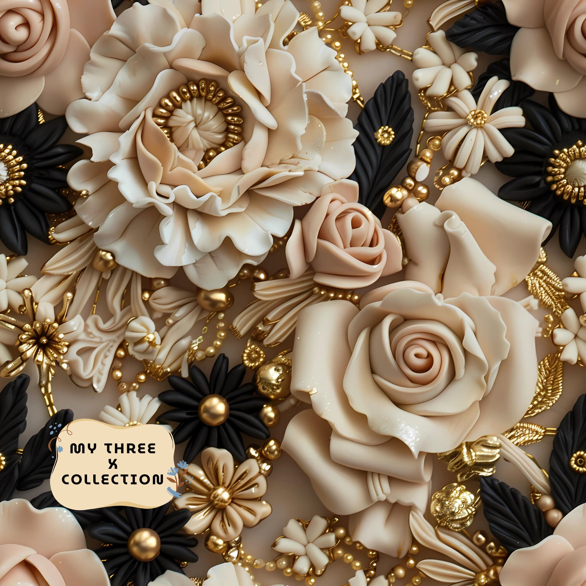 Elegant 3D PNG Floral Seamless Digital Pattern Bundle - Black and Gold ...