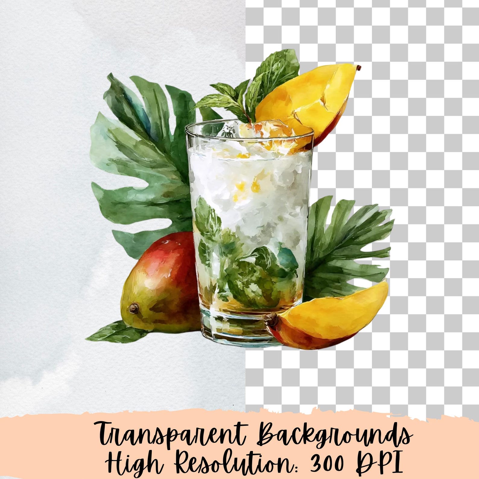 Tropical Drink Clipart | Summer Cocktail PNG Set | Watercolor Fruit ...