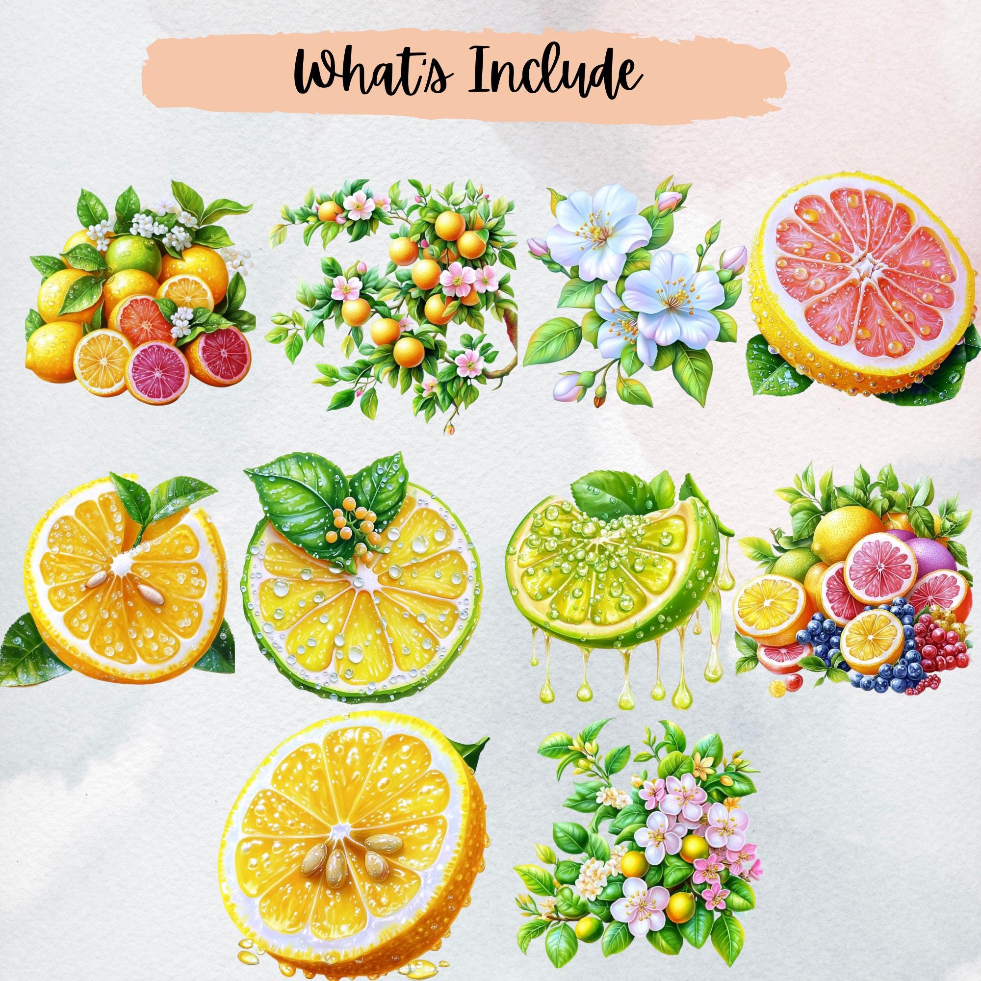 Citrus Fruit Clipart | Lemon Lime Grapefruit PNG | Glossy Watercolor ...