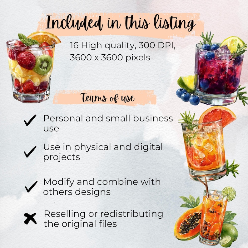 Tropical Drink Clipart | Summer Cocktail PNG Set | Watercolor Fruit ...
