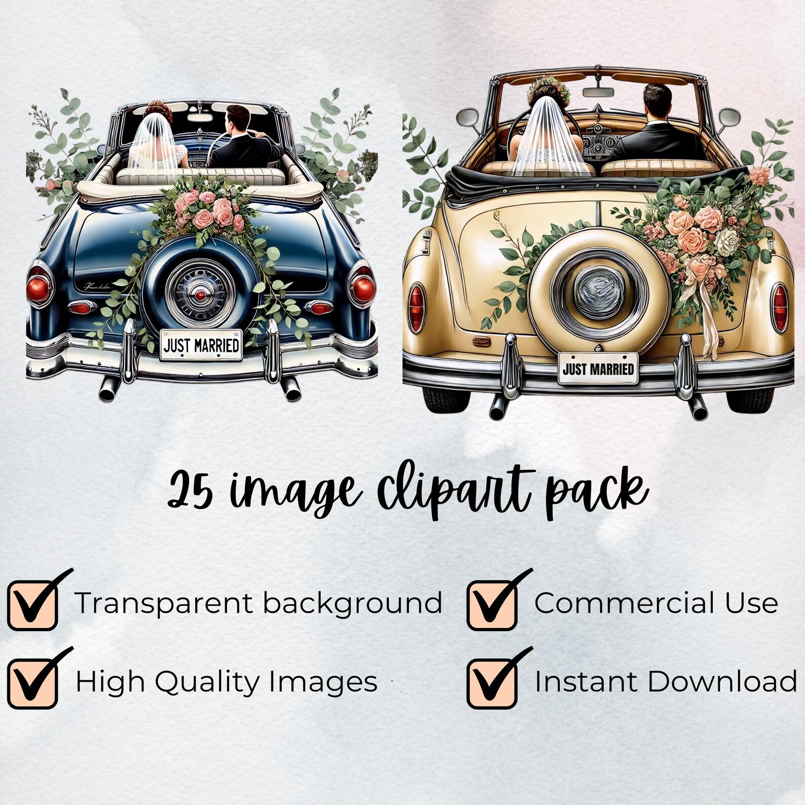 Just Married Car Clipart, Bride and Groom, Wedding Day, Floral Car PNG ...