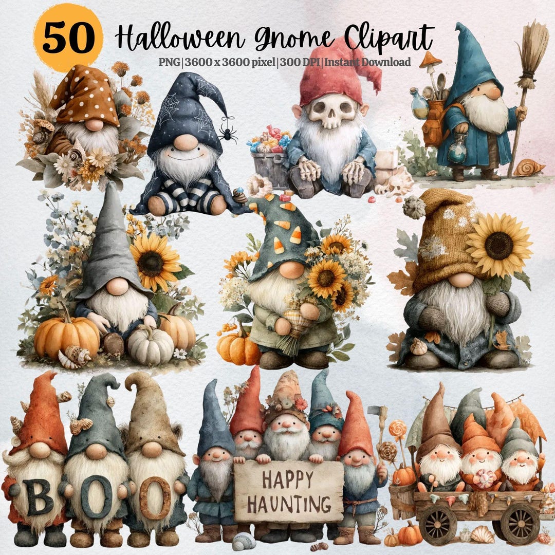 Halloween Gnome Clipart Set | Watercolor Fall Gnomes PNG | Spooky Cute ...