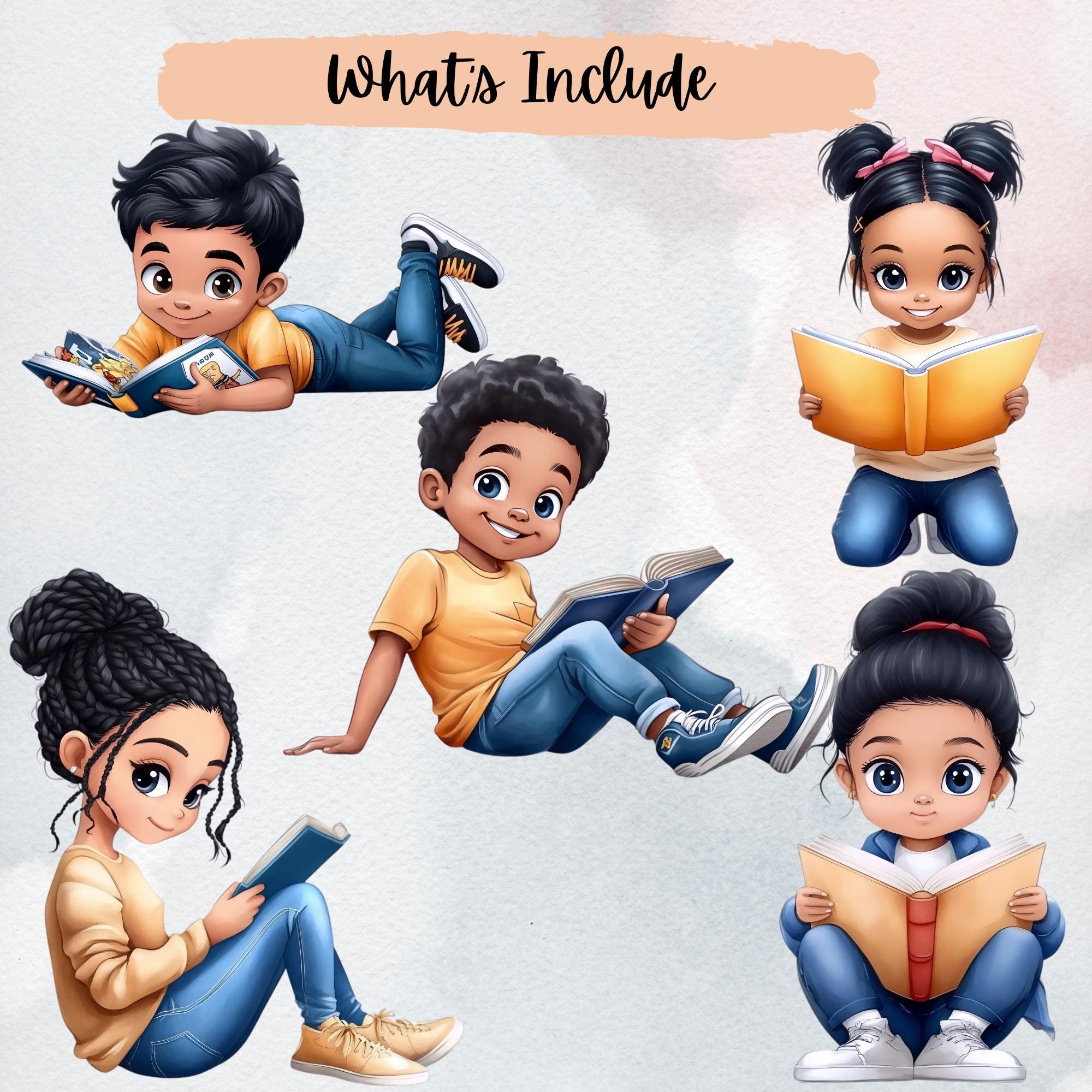 Black Kids Reading Clipart - African Kids– Watercolor PNG Set With ...