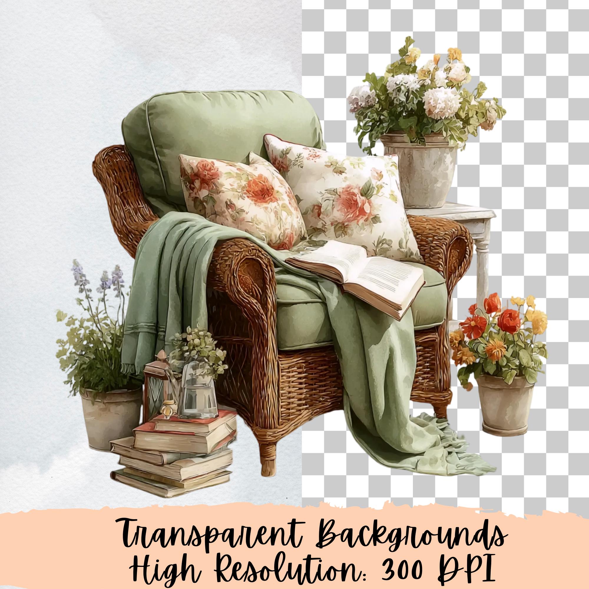 Whimsical Reading Nook Clipart | Cozy Book Lover Chair PNG | Watercolor ...