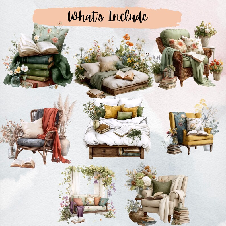 Whimsical Reading Nook Clipart | Cozy Book Lover Chair PNG | Watercolor ...