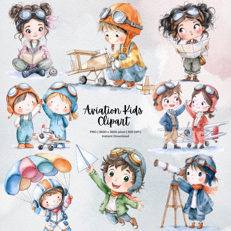 Aviation Kids Clipart Set | Pilot Boys & Travel Elements | Cute ...
