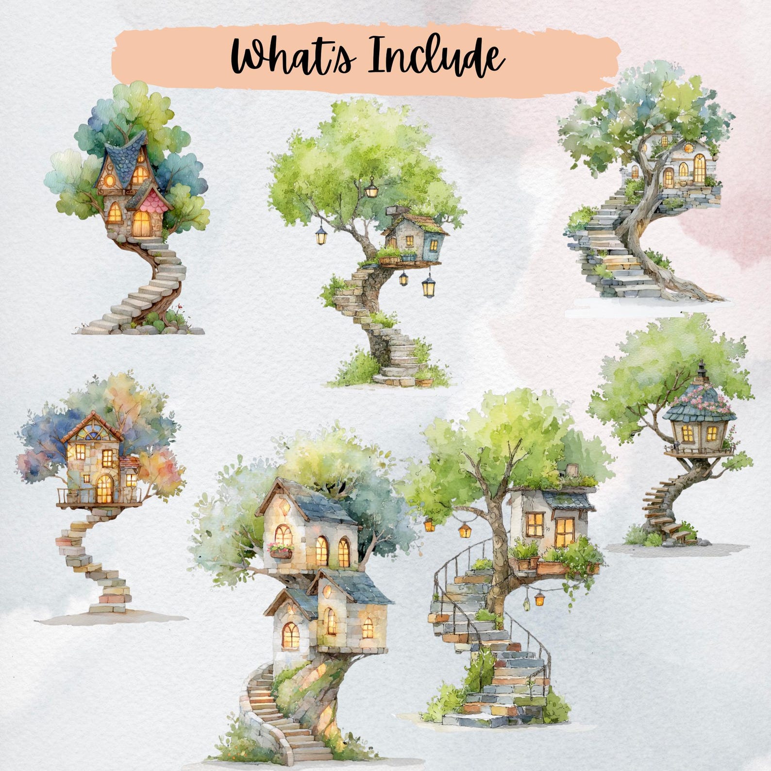Whimsical Treehouse Clipart | Fantasy Cottage PNG | Spiral Stair Tree ...