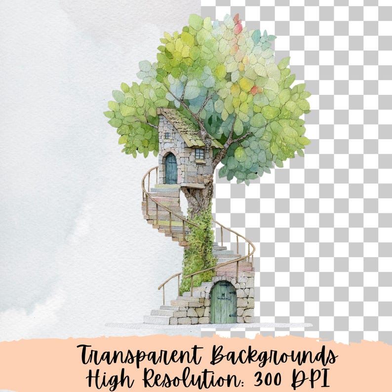 Whimsical Treehouse Clipart | Fantasy Cottage PNG | Spiral Stair Tree ...