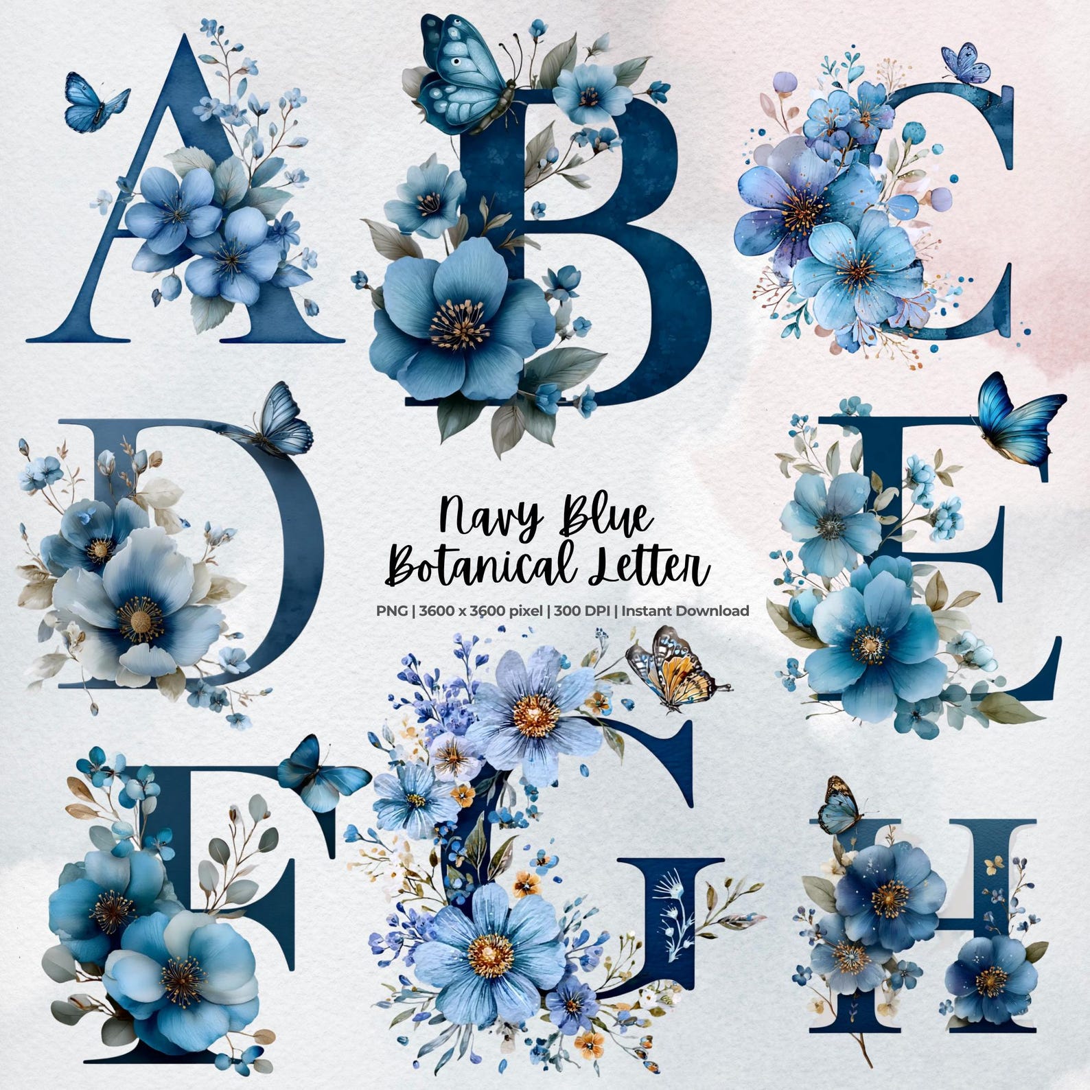Blue Floral Alphabet Clipart A–Z | Elegant Flower Monogram Letters PNG ...
