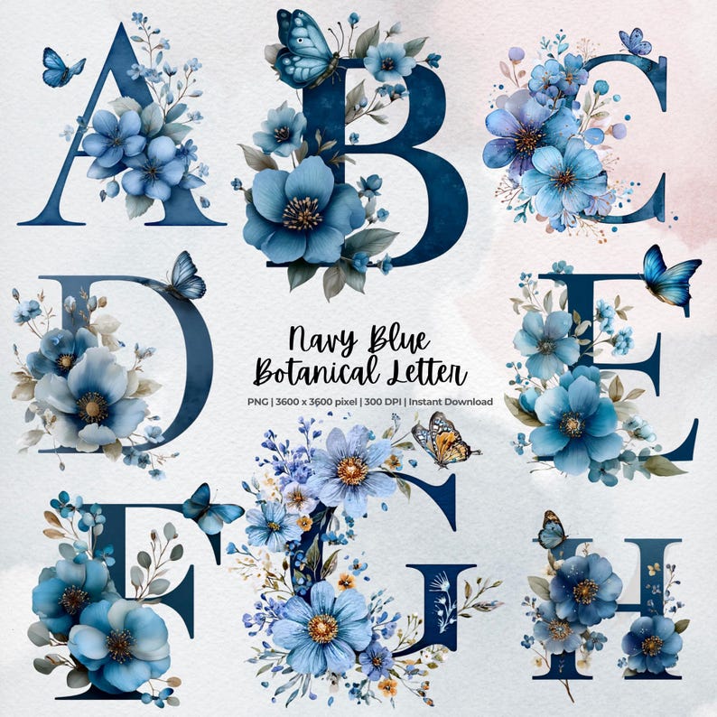 Blue Floral Alphabet Clipart A–Z | Elegant Flower Monogram Letters PNG ...