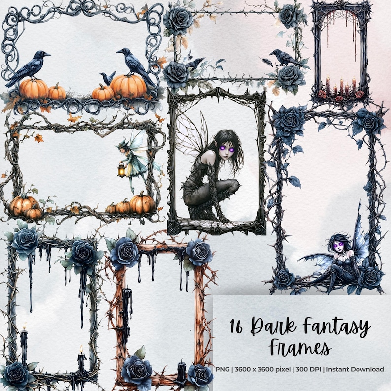 Dark Fantasy Frames Clipart, Gothic Frames PNG, Halloween Digital ...